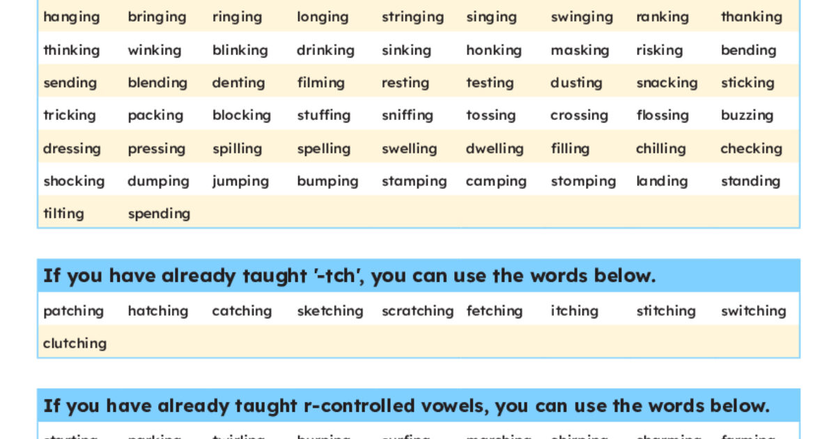 Reading Universe | Suffix '-ing' List of Words, Phrases, and…
