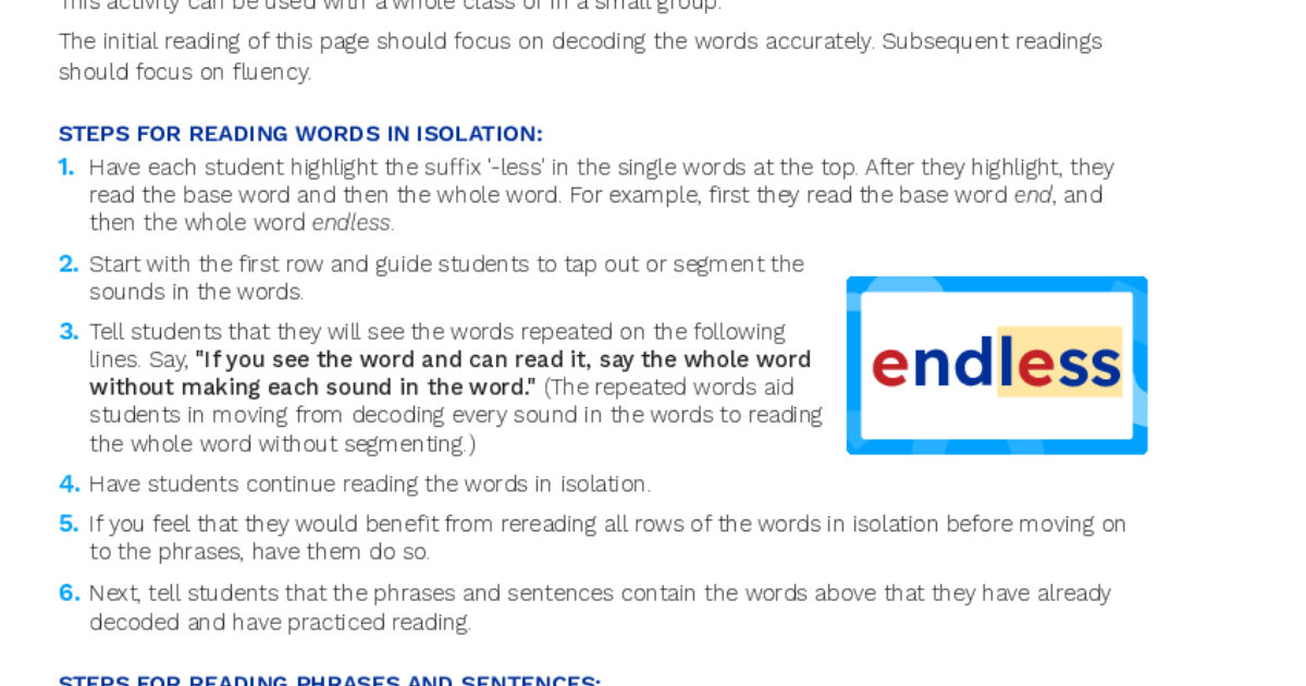 Reading Universe | Suffix '-less': Student Read Sheet with Words,…