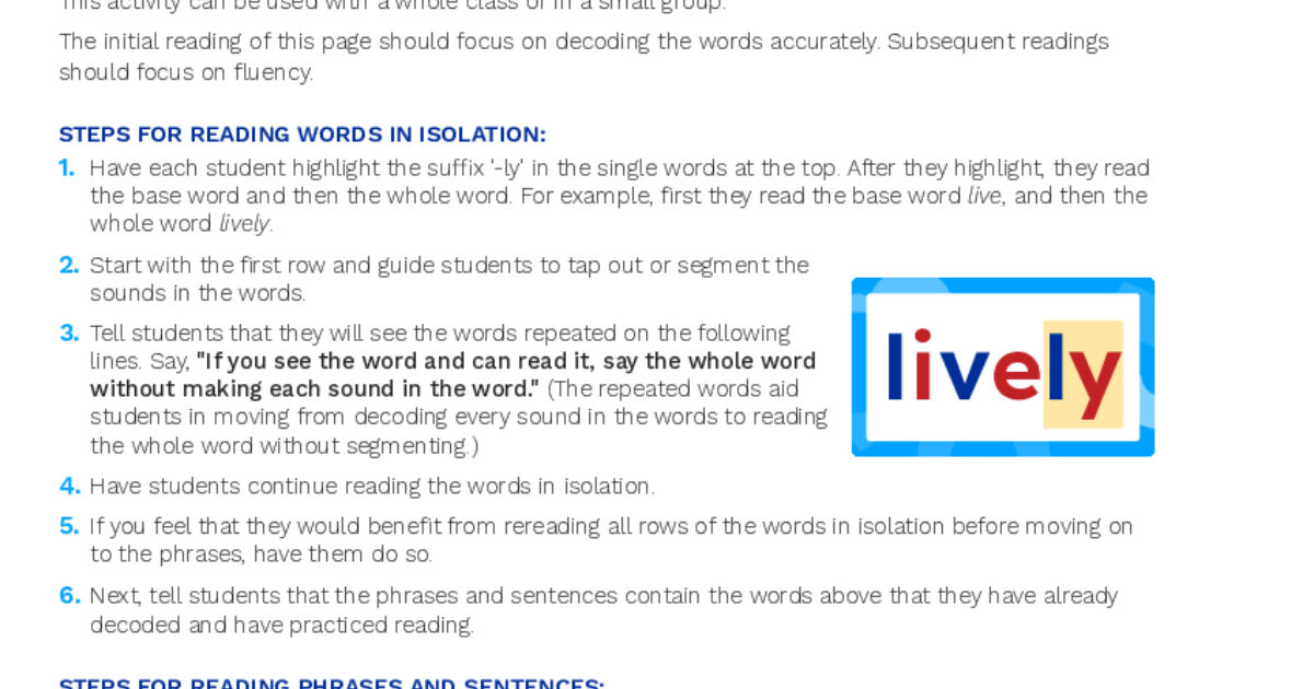Reading Universe | Suffix '-ly': Student Read Sheet with Words,…