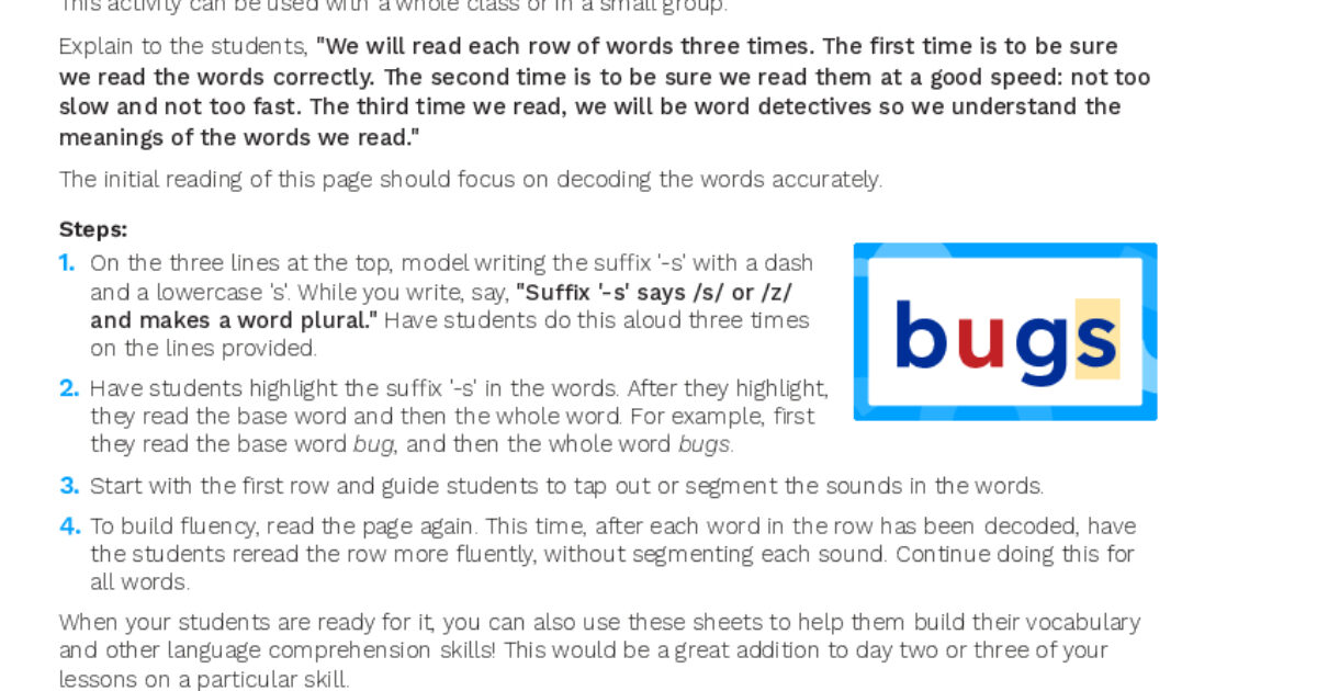 Reading Universe | Suffix '-s' Read Sheet with Words
