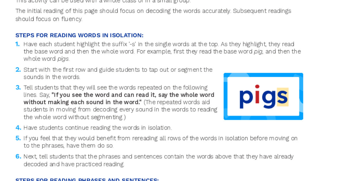 Reading Universe | Suffix ‘-s’: Student Read Sheet with Words,…