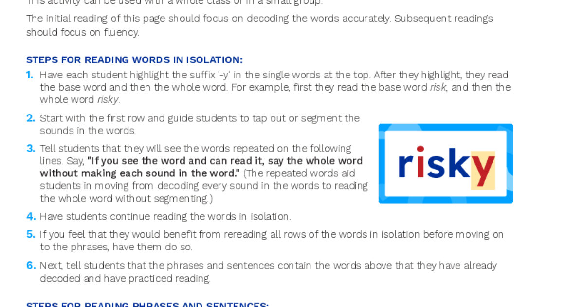 Reading Universe | Suffix '-y': Student Read Sheet with Words,…