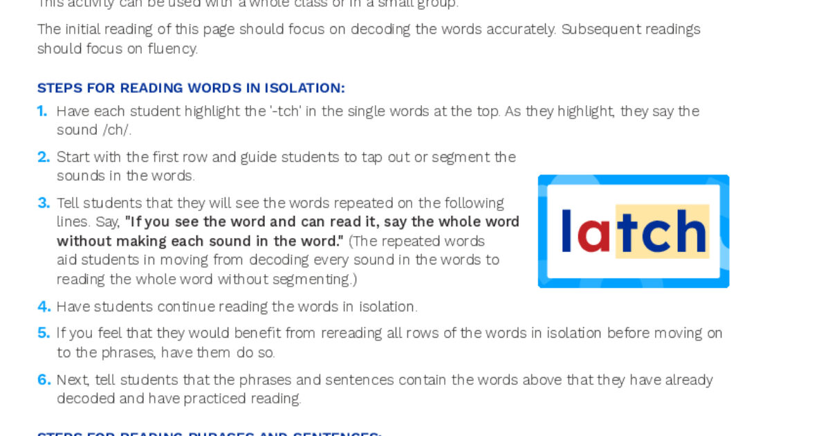 Reading Universe | ‘-tch’ Read Sheet with Words, Phrases, and…