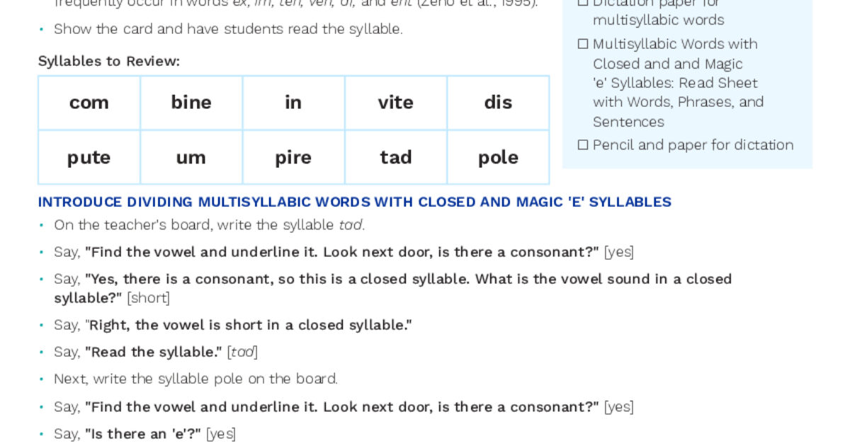 Reading Universe | Lesson Plan: VCCV Pattern in Multisyllabic Words…