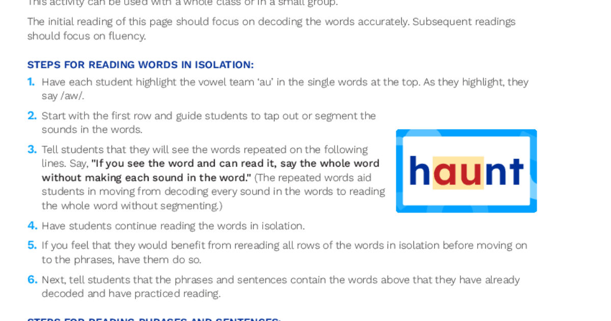 Reading Universe | Vowel Team 'au': Read Sheet with Words, Phrases,…