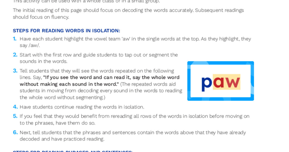 Reading Universe | Vowel Team 'aw': Read Sheet with Words, Phrases,…