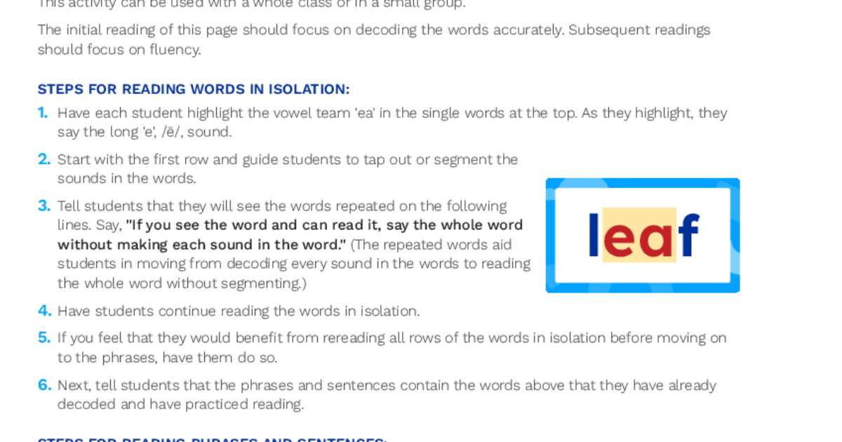 Reading Universe | Vowel Team 'ea': Read Sheet with Words, Phrases,…