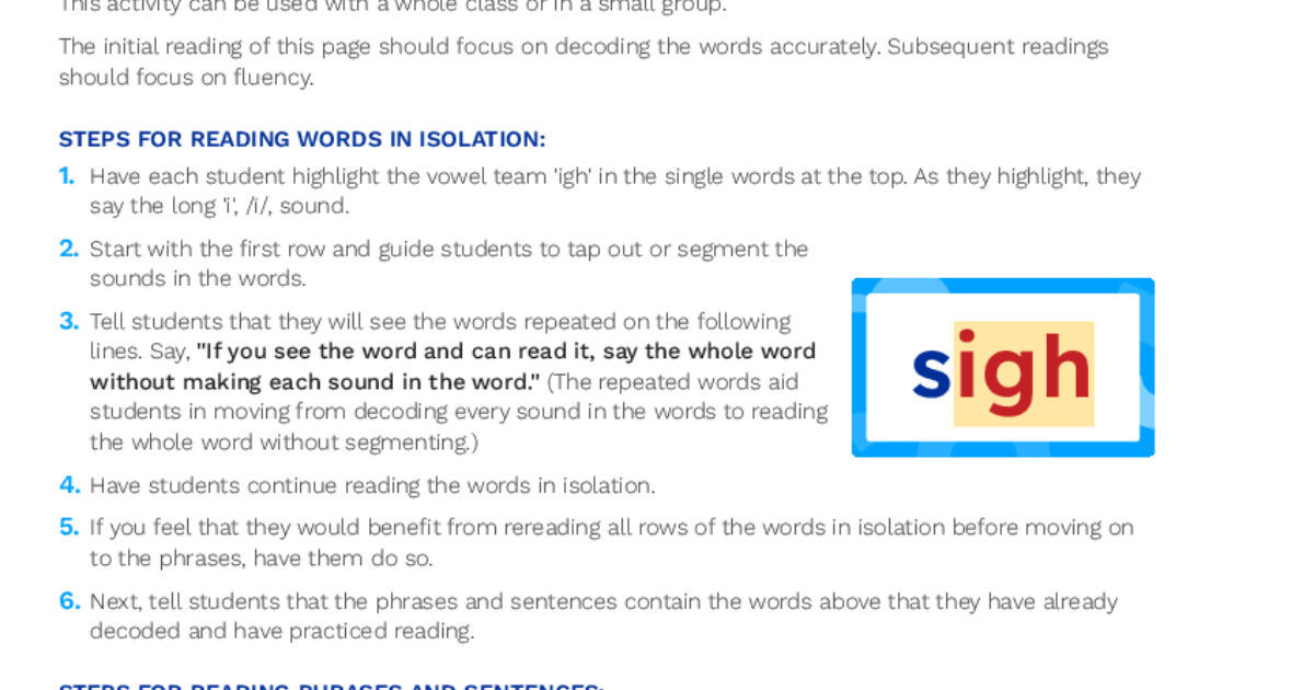 Reading Universe | Vowel Team 'igh': Read Sheet with Words, Phrases,…