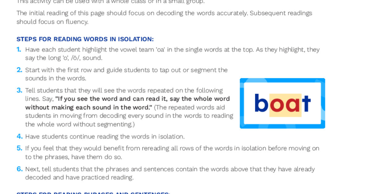 Reading Universe | Vowel Team 'oa': Read Sheet with Words, Phrases,…